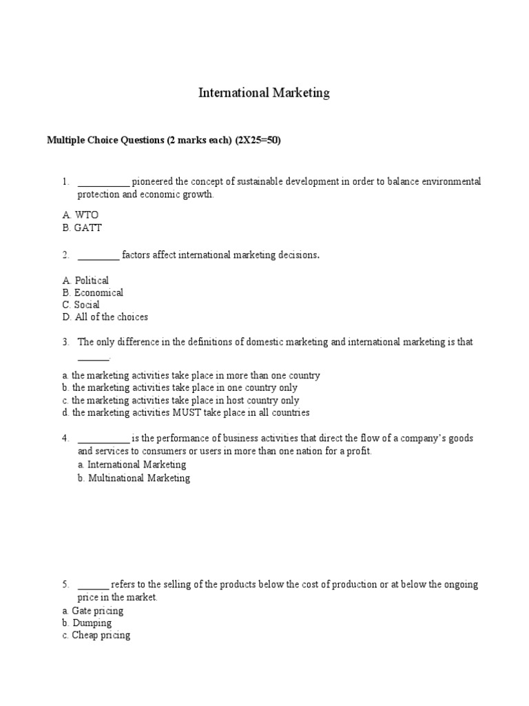 International Marketing Multiple Choice Questions | PDF | Dumping (Pricing Policy) | Marketing