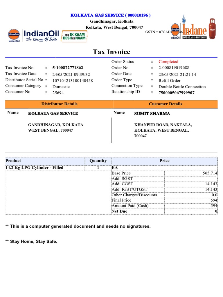 Tax Invoice: KOLKATA GAS SERVICE (000010196) | PDF | Payments ...