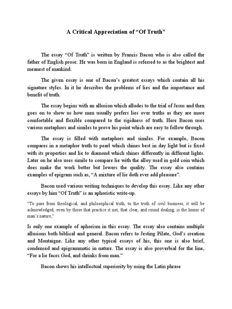 Critical Appreciation of Bacon's "Of Truth" | PDF