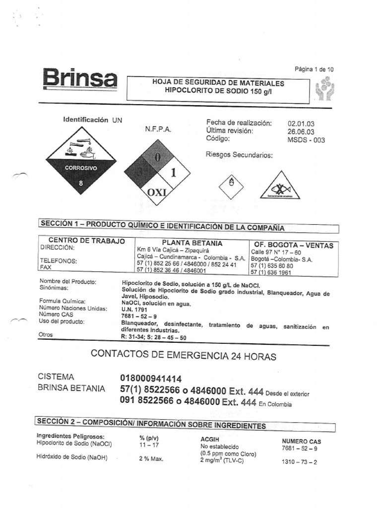 Brinsa Hipoclorito de Sodio | PDF