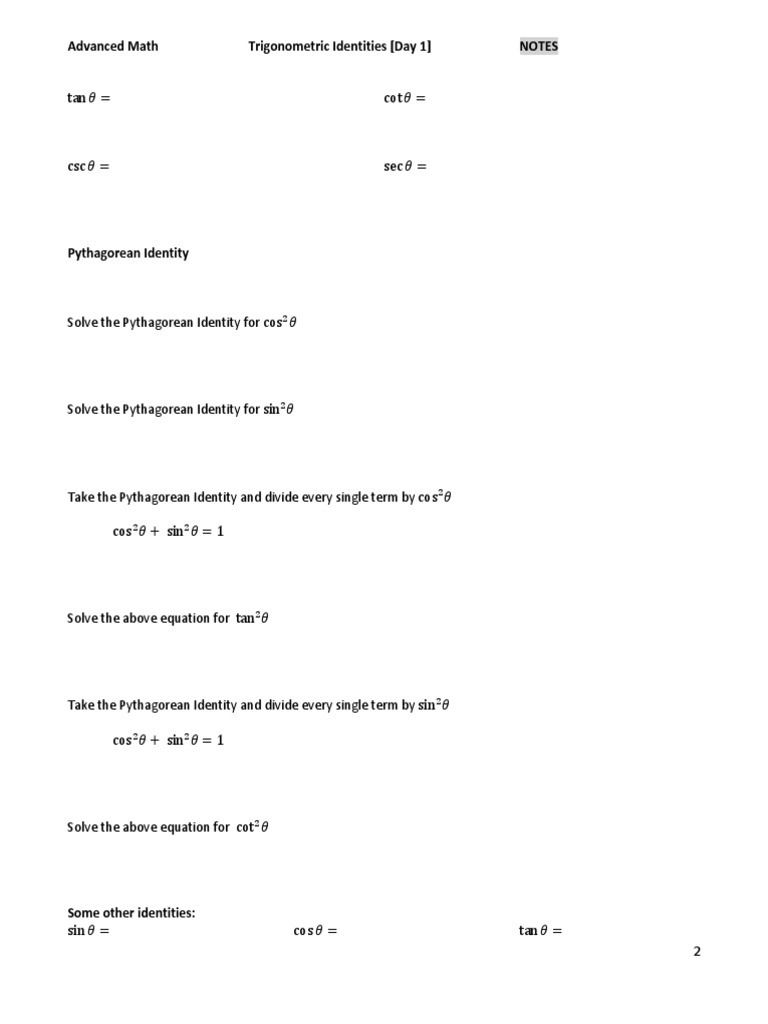 Trig Identities Notes and Worksheet | PDF | Trigonometric Functions | Sine