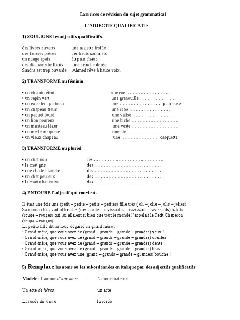 Exercices sur l'adjectif qualificatif | PDF