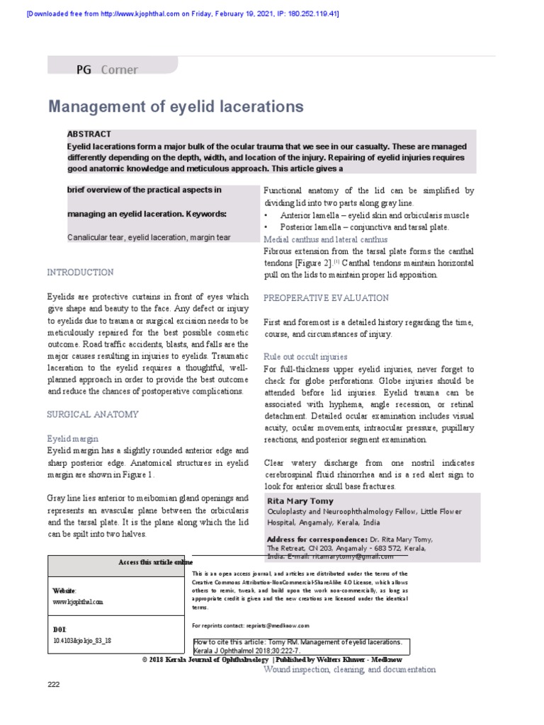 Management of Eyelid Lacerations: Corner | PDF | Surgical Suture | Wound