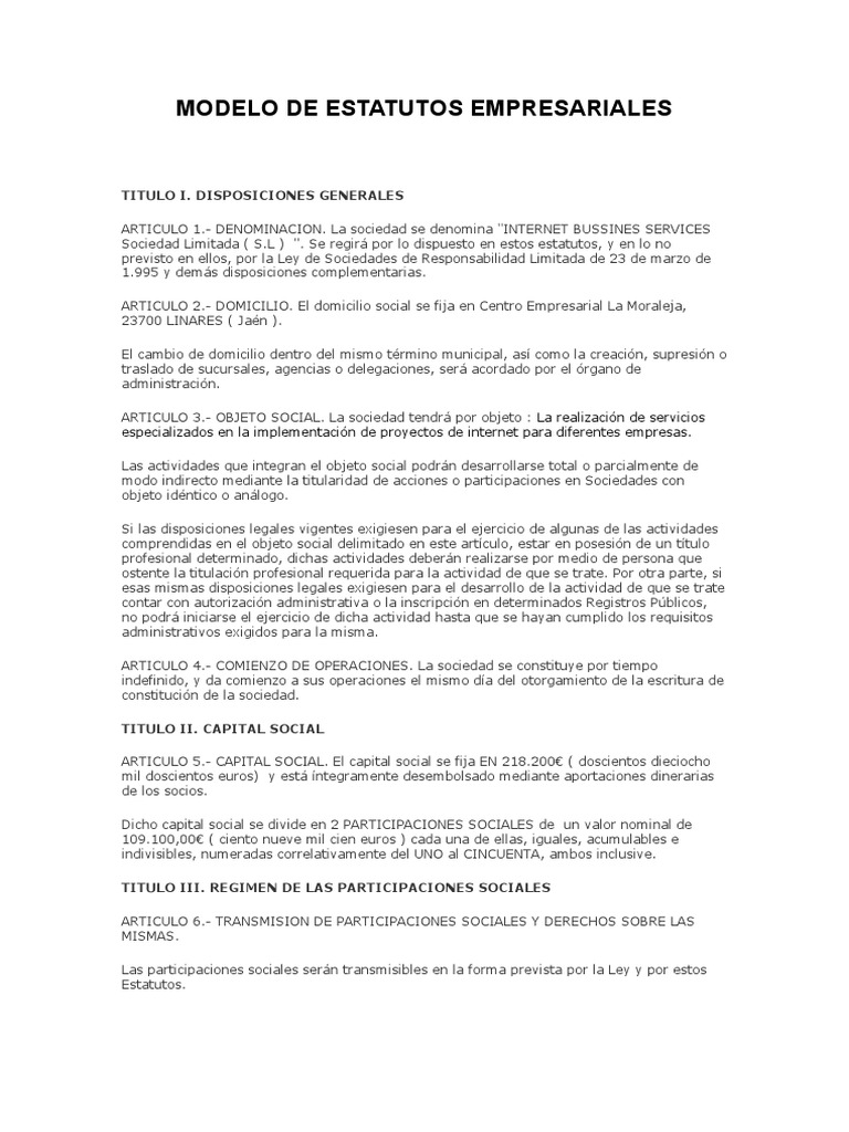 Modelo de Estatutos Empresariales | Descargar gratis PDF | Sociedad de ...