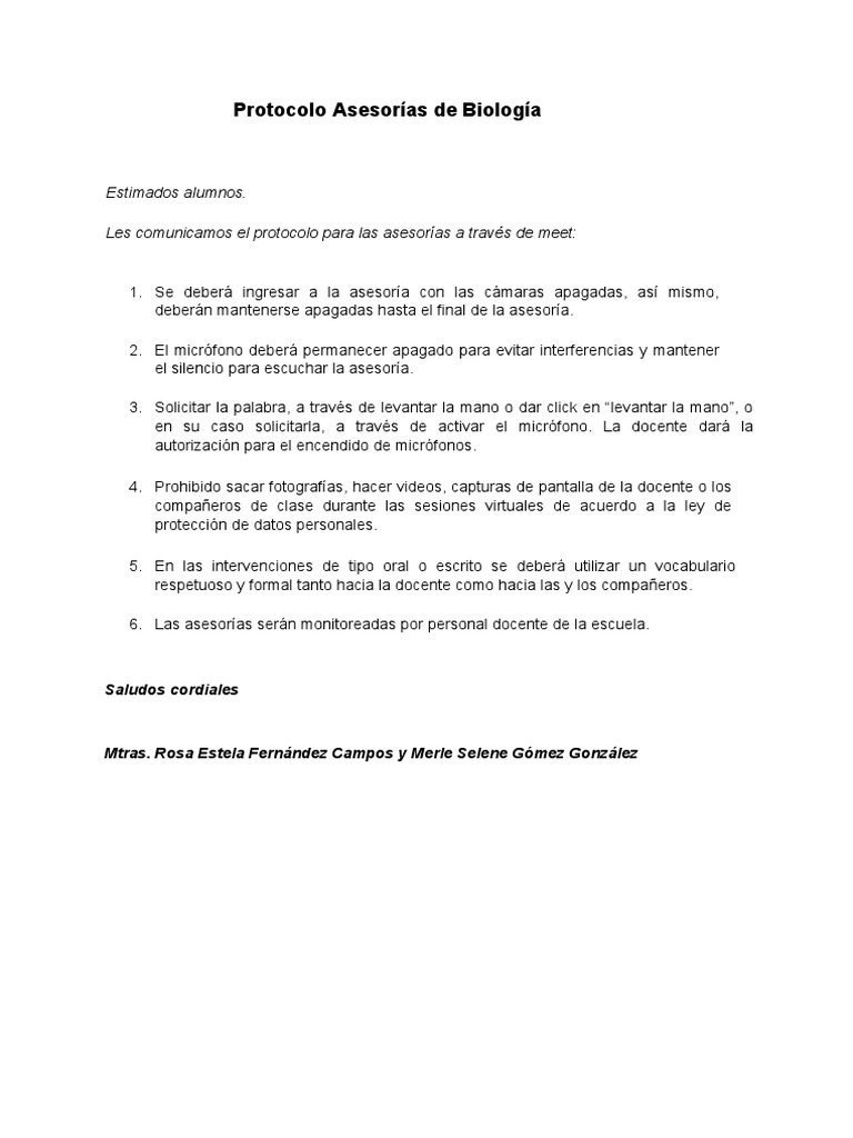 Protocolo Aula Virtual - Biología | PDF