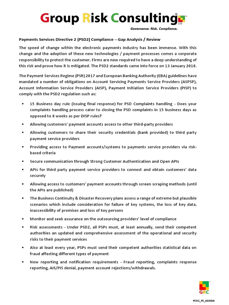 PSD2 Product Sheet - GRC - Final | PDF | Regulatory Compliance | Business