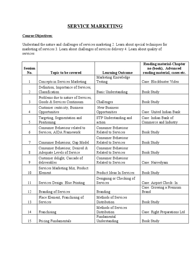 Service Marketing: Course Objectives | PDF | Customer Relationship ...