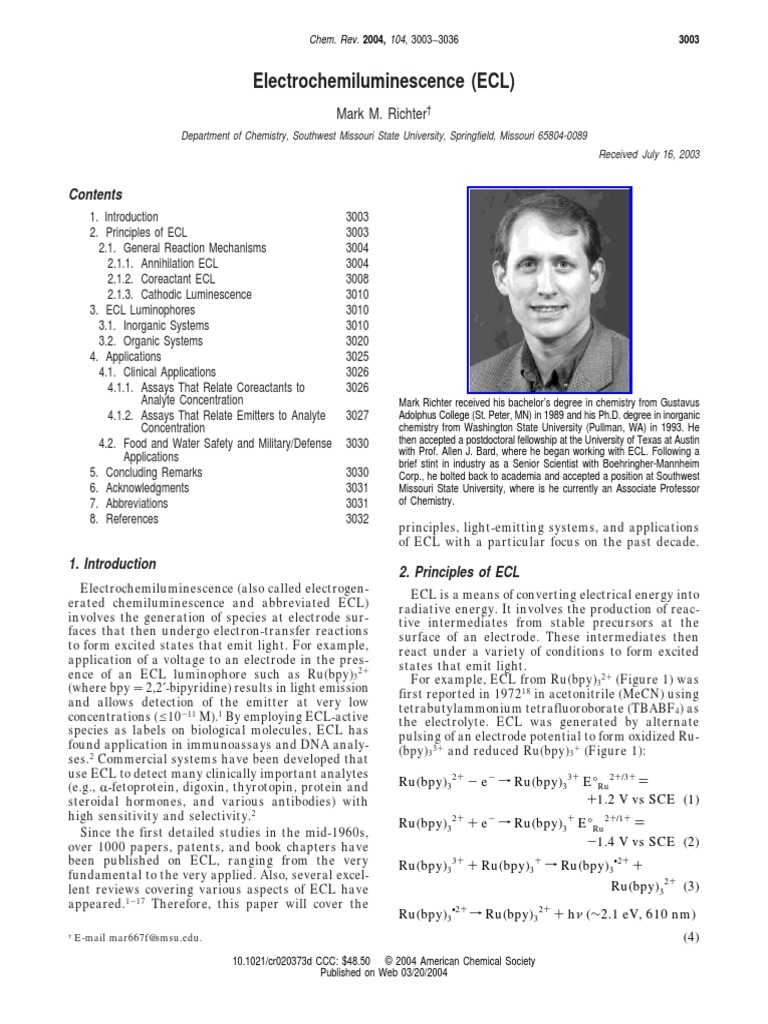 Electrochemiluminescence (ECL) : Mark M. Richter | PDF | Redox | Electrochemistry