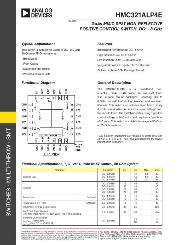 HMC321ALP4E: Gaas Mmic Sp8T Non-Reflective Positive Control Switch, DC ...