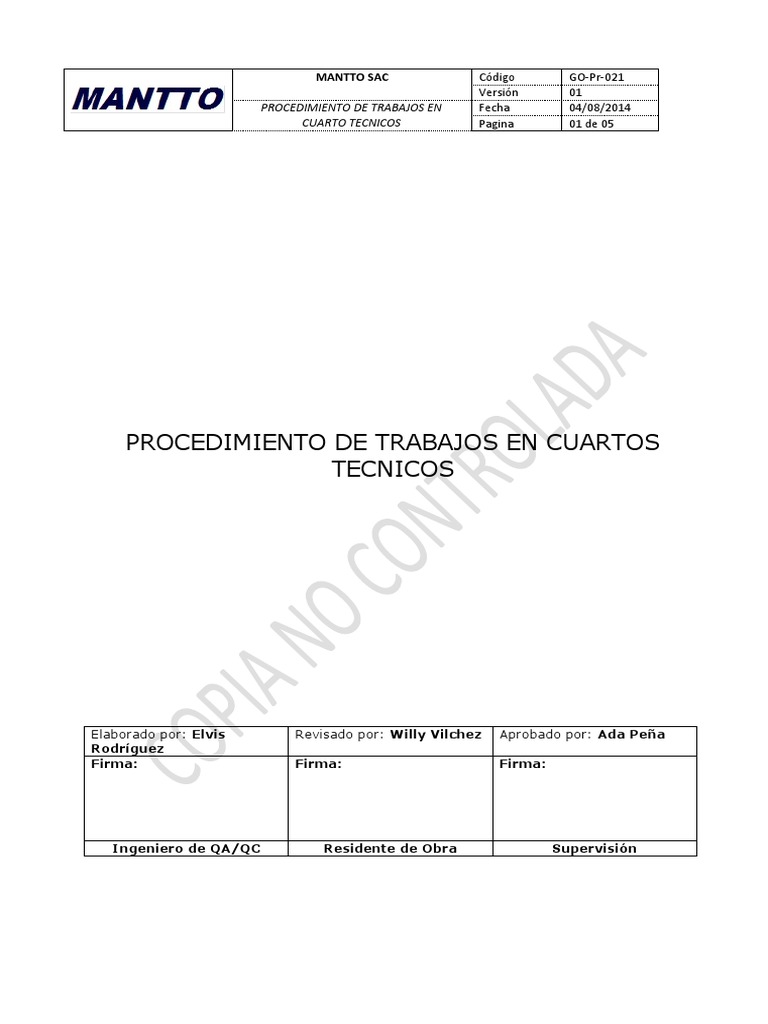 Procedimiento para Trabajos en Cuartos Técnicos | PDF | Hormigón ...
