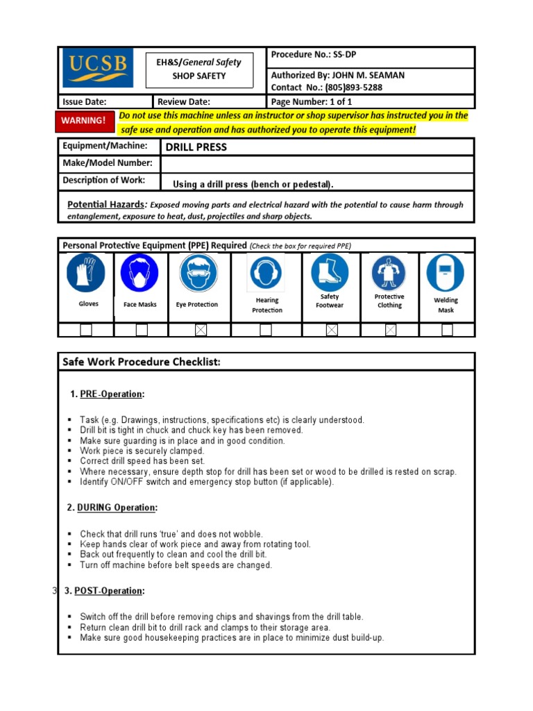Shop Safety Safe Work Procedure DRILL PRESS | PDF