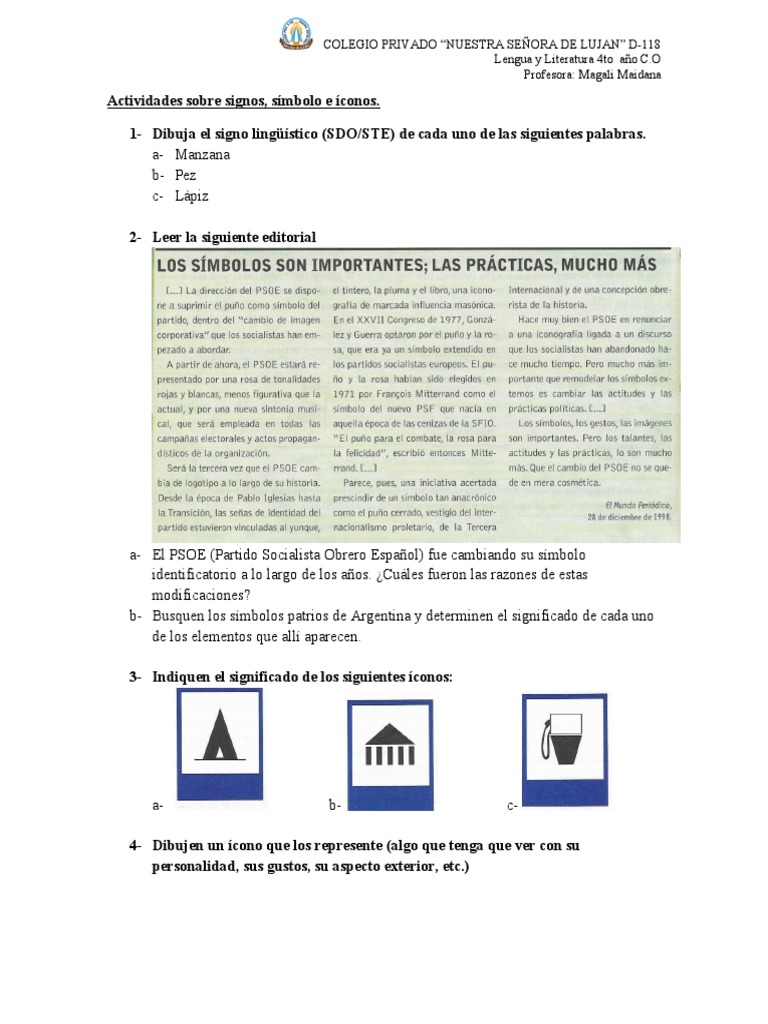 Actividades sobre Signos e Íconos en Lengua | PDF | Artes del Lenguaje ...