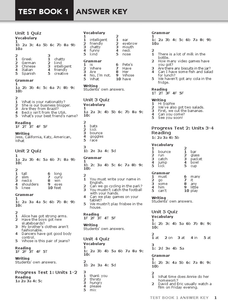 Test Book 1 Answer Key | PDF | Foods