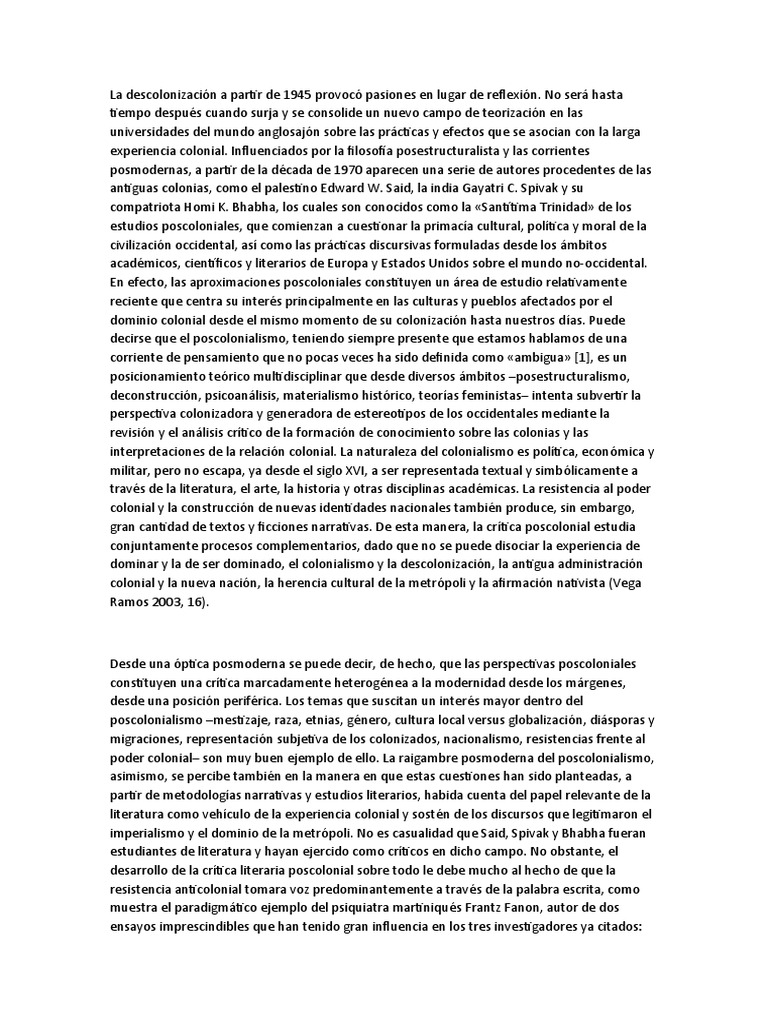 Ficha Teoría Postcolonial | PDF | Poscolonialismo | orientalismo