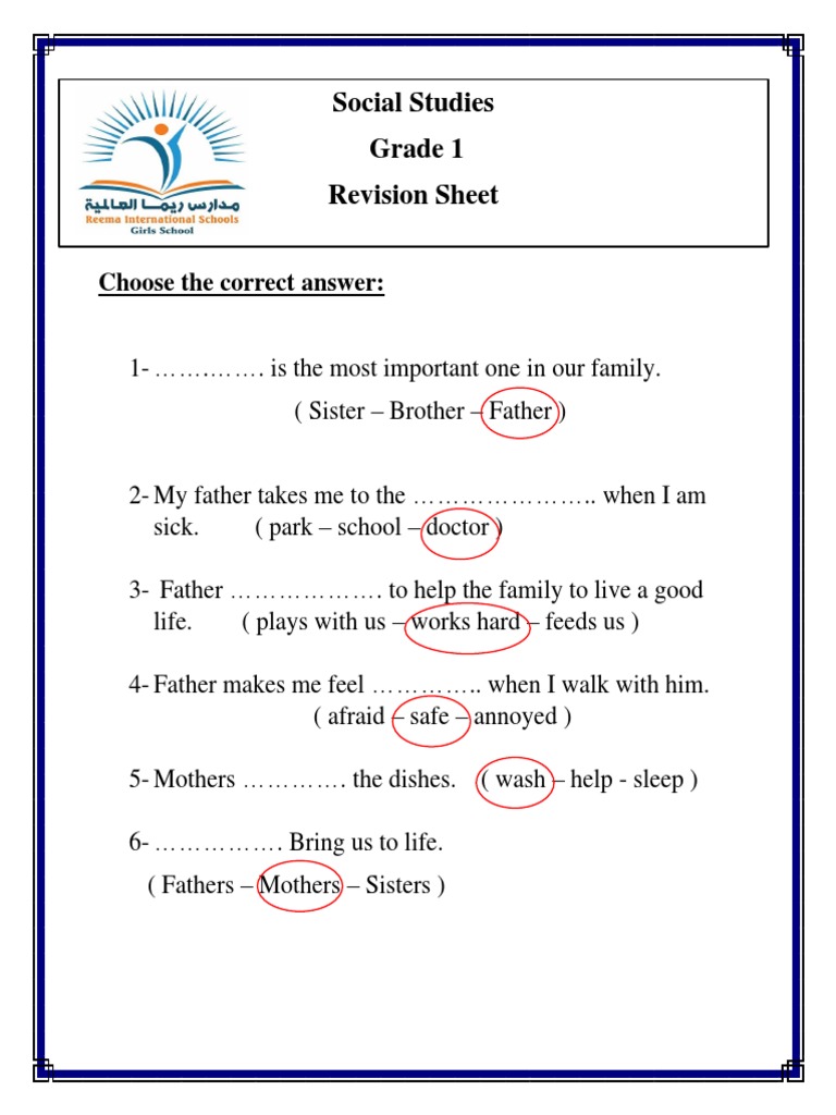 1st Grade Family Roles Quiz | PDF | Wellness