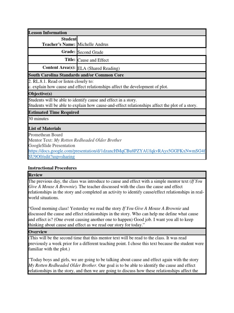 Lesson Information Student Teacher's Name: Grade: Title: Content Area(s ...