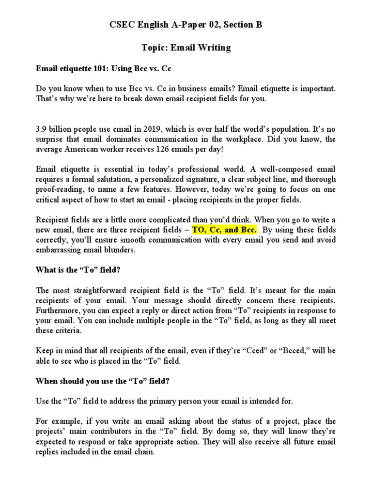 CSEC English A-Paper 02, Section B Topic: Email Writing: Email ...