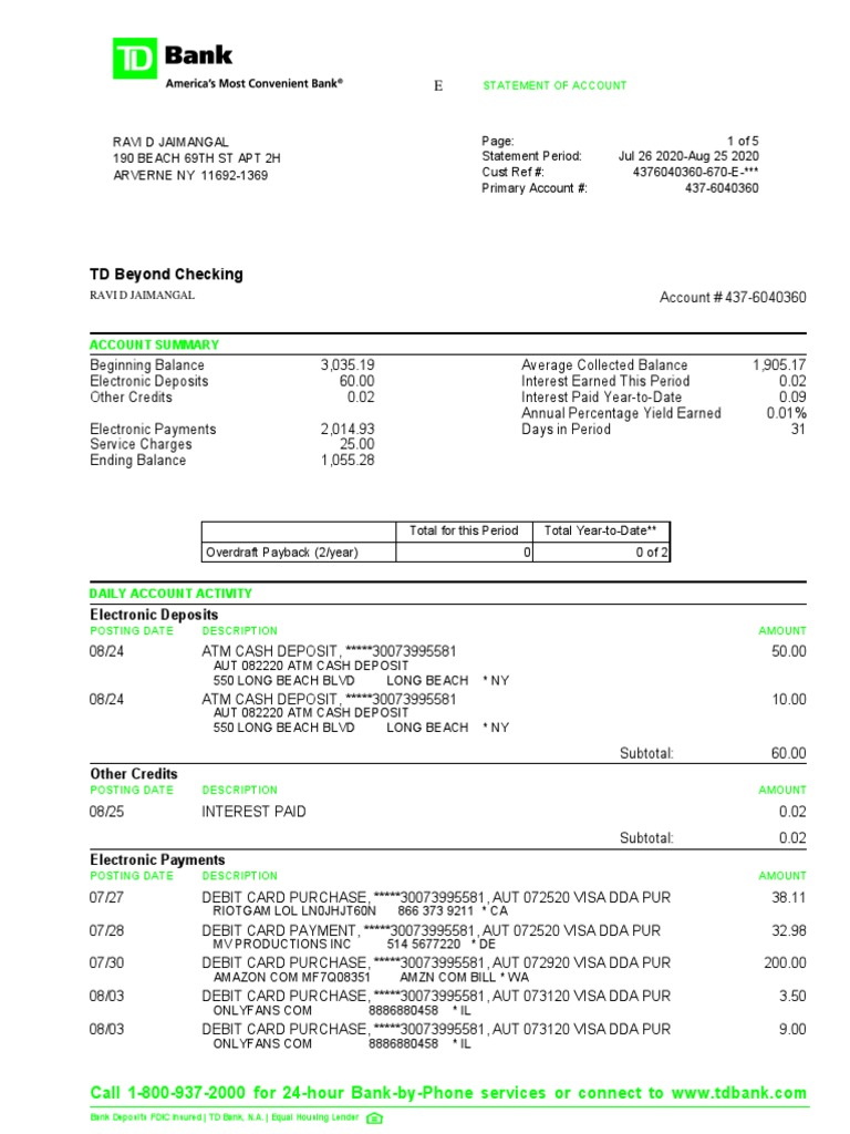 TD Bank Statement | PDF | Visa Inc. | Overdraft