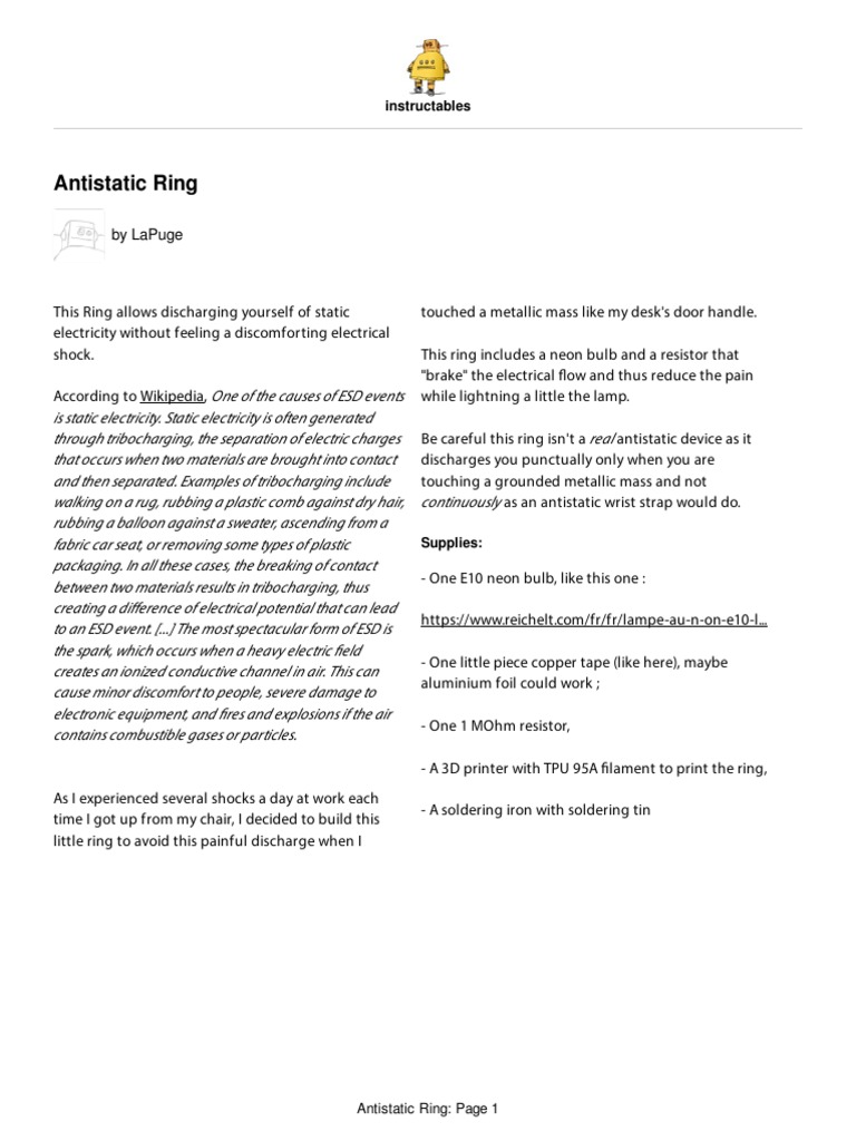 Antistatic Ring: Instructables | PDF | Electrostatic Discharge | Materials
