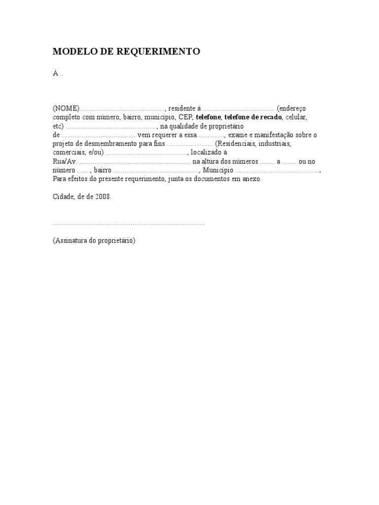 Modelo de requerimento para desmembramento de terreno para fins ...