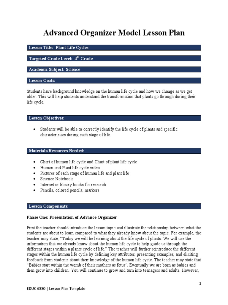 Advance Organizer Lesson Plan | PDF | Product Lifecycle | Lesson Plan