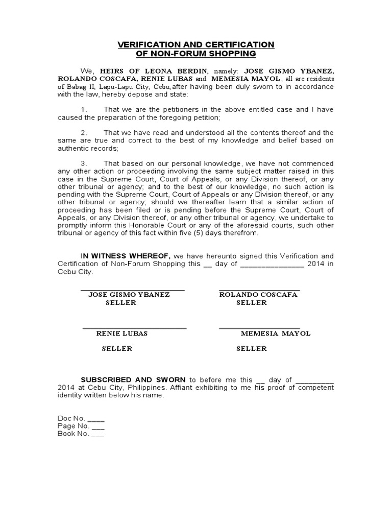 Verification and Certification of Non-Forum Shopping | PDF | Social ...