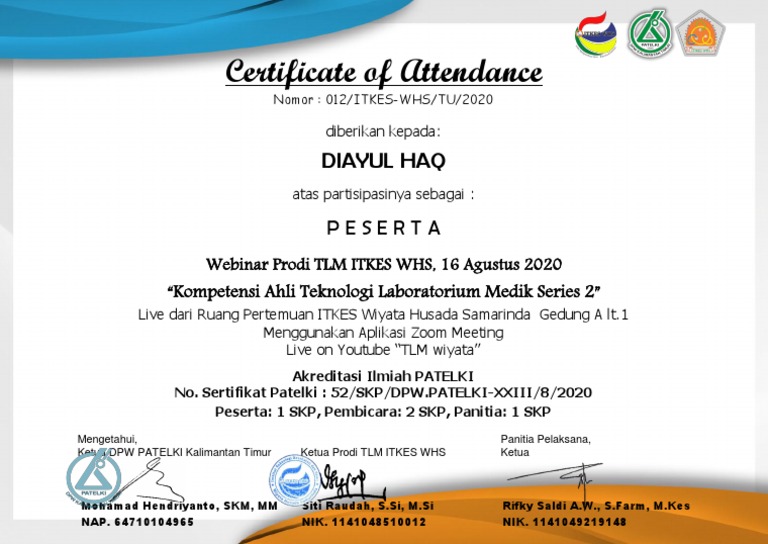 Sertifikat Webinar TLM Itkes WHS - 689 | PDF