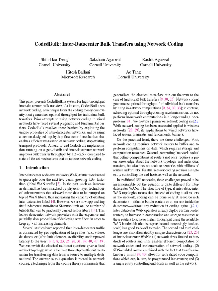 Codedbulk Inter Datacenter Bulk Transfers Using Network Coding Pdf Computer Network Routing