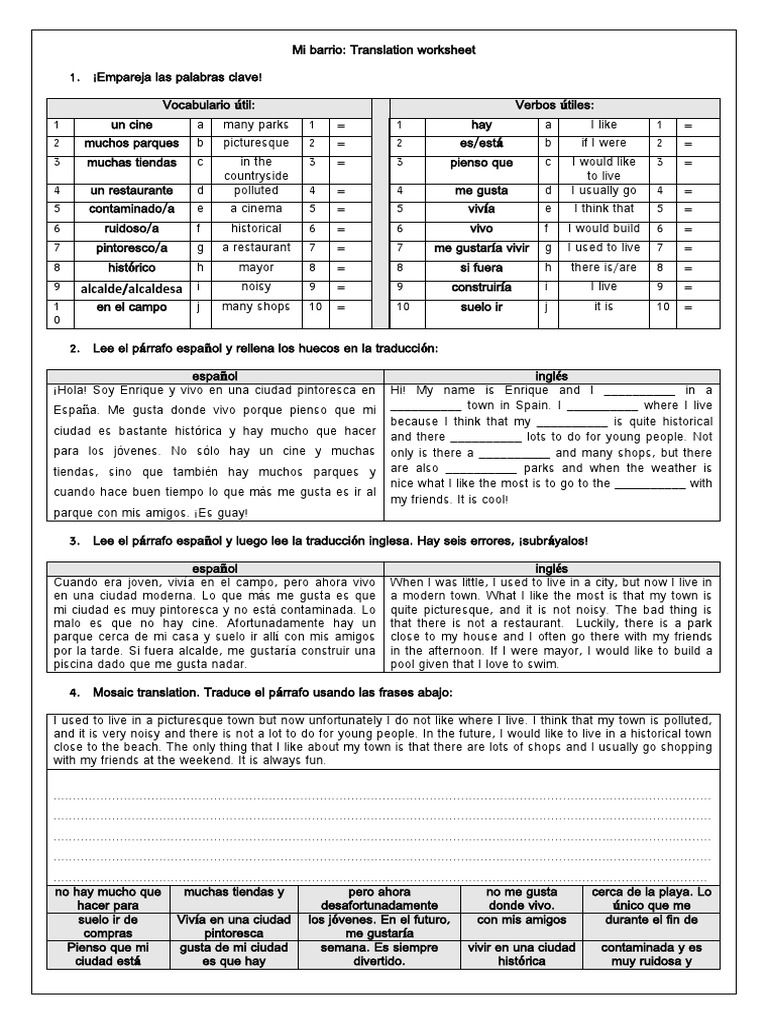 Translation GCSE Worksheet - Mi Barrio | PDF | Entretenimiento (general)