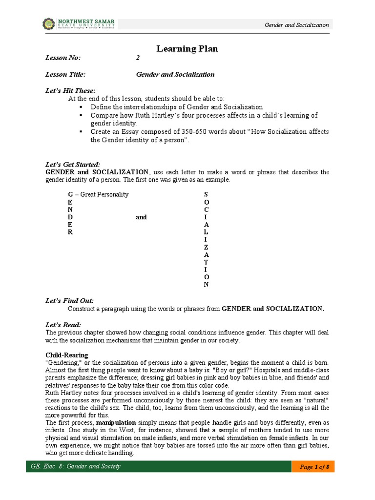 Learning Plan: Lesson No: 2 Lesson Title: Gender and Socialization Let ...