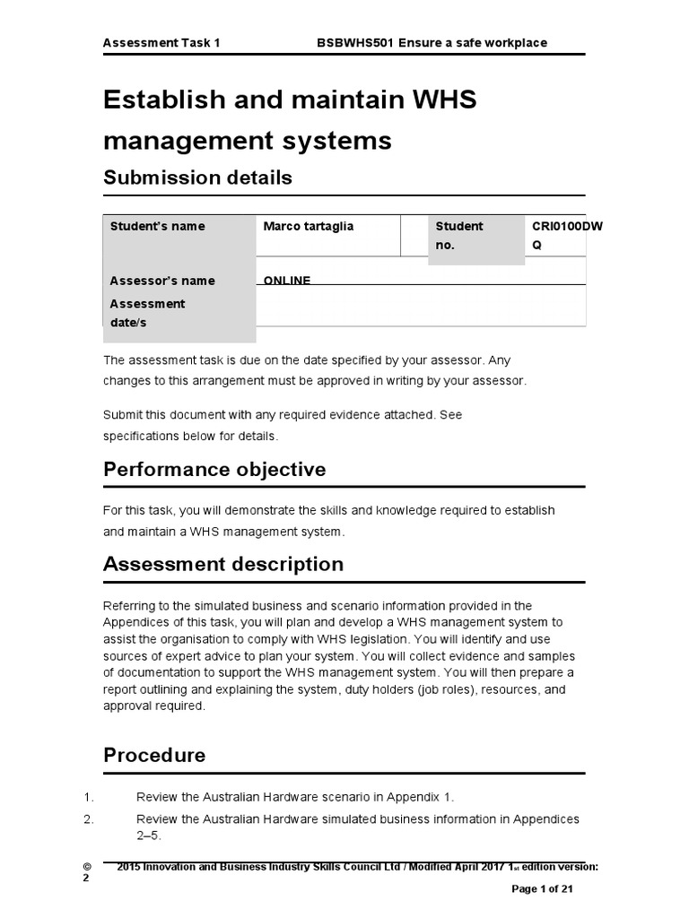 Establish and Maintain WHS Management Systems: Submission Details | PDF ...