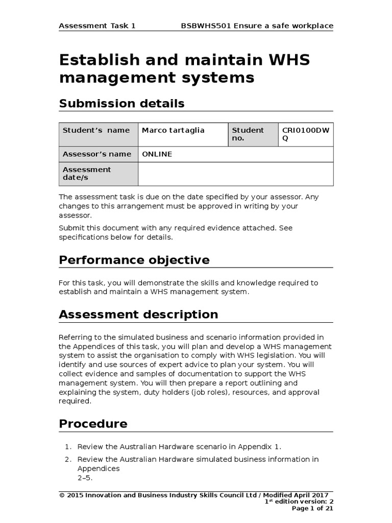 Establish and Maintain WHS Management Systems: Submission Details | PDF ...