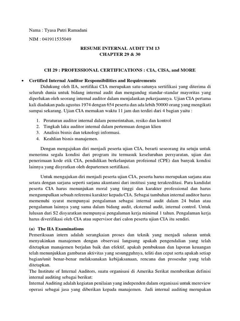 Tyasa Putri R - Resume Internal Audit TM 13 | PDF