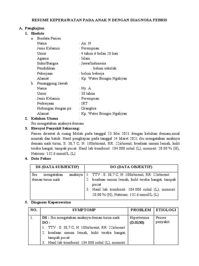 Resume Keperawatan Pada Anak N Dengan Diagnosa Febris | PDF