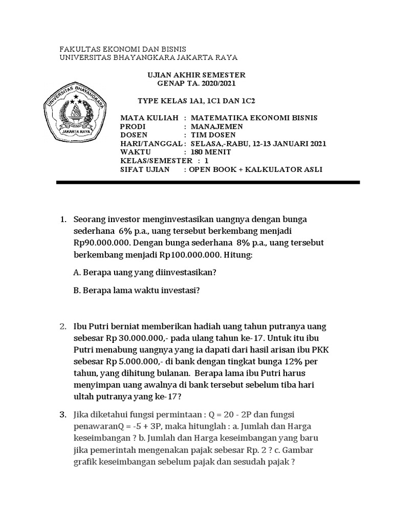 UAS Matematika Bisnis | PDF | Bisnis