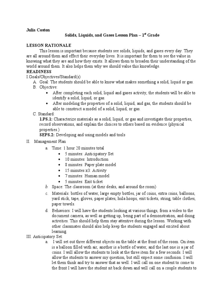 Julia Coston Solids, Liquids, and Gases Lesson Plan - 1 Grade Lesson ...