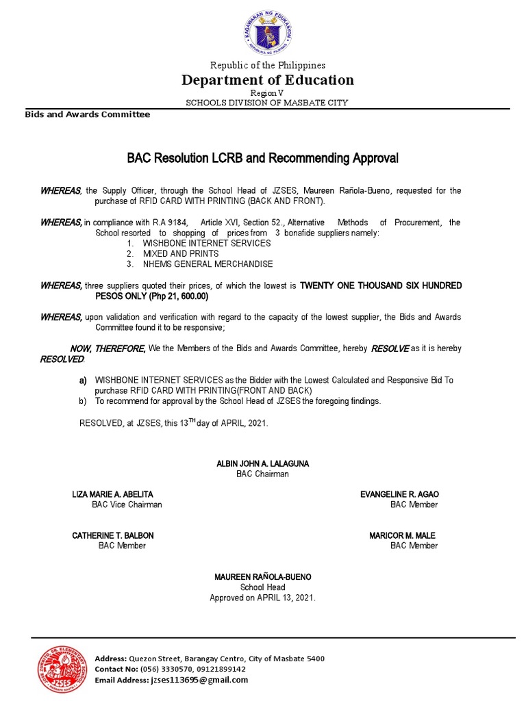 Department of Education: BAC Resolution LCRB and Recommending Approval ...