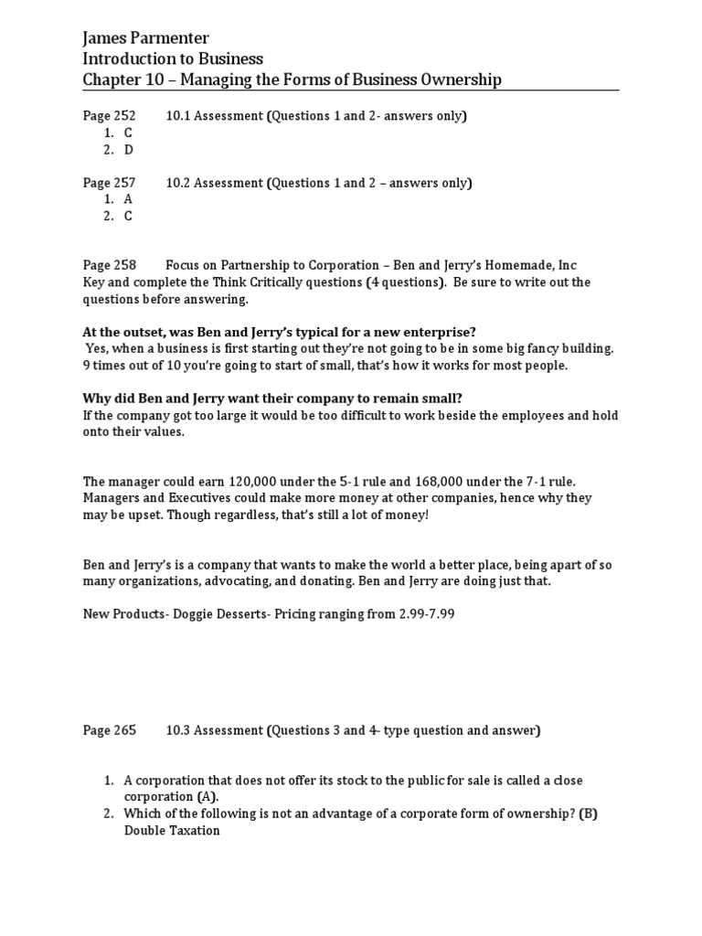 Chapter 10 Student Answer Sheet 2020 - James Parmenter | PDF ...