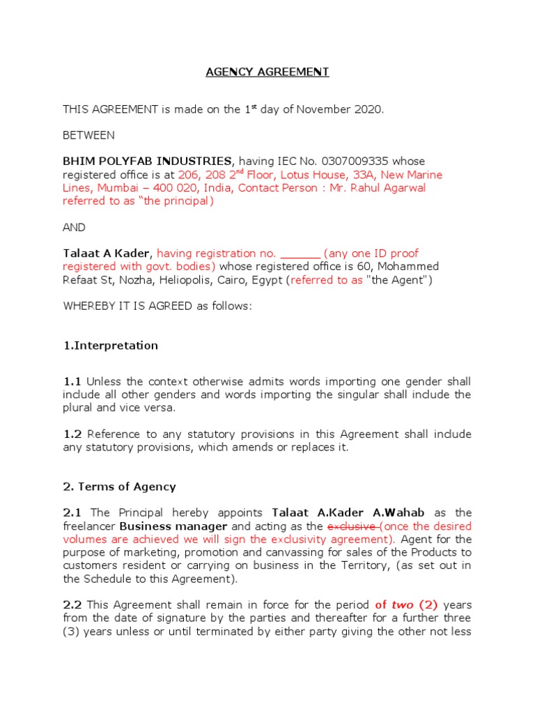 AGENCY AGREEMENT India | PDF | Law Of Agency | Indemnity