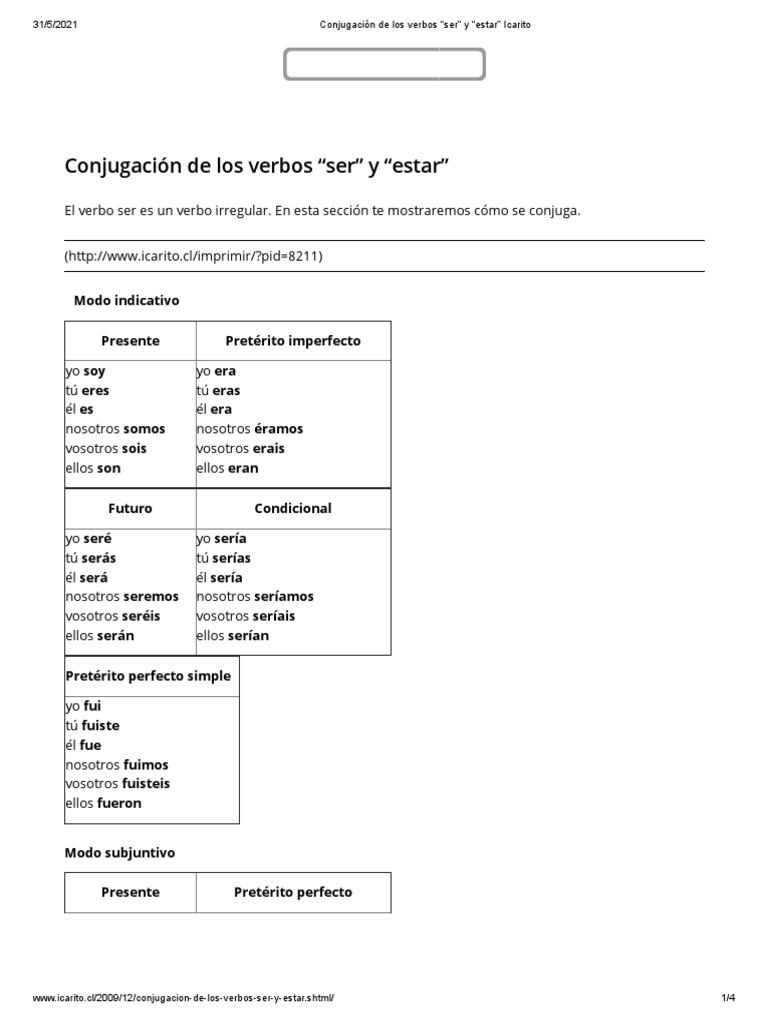 Conjugación de Los Verbos "Ser" y "Estar" Icarito | PDF | Verbo ...