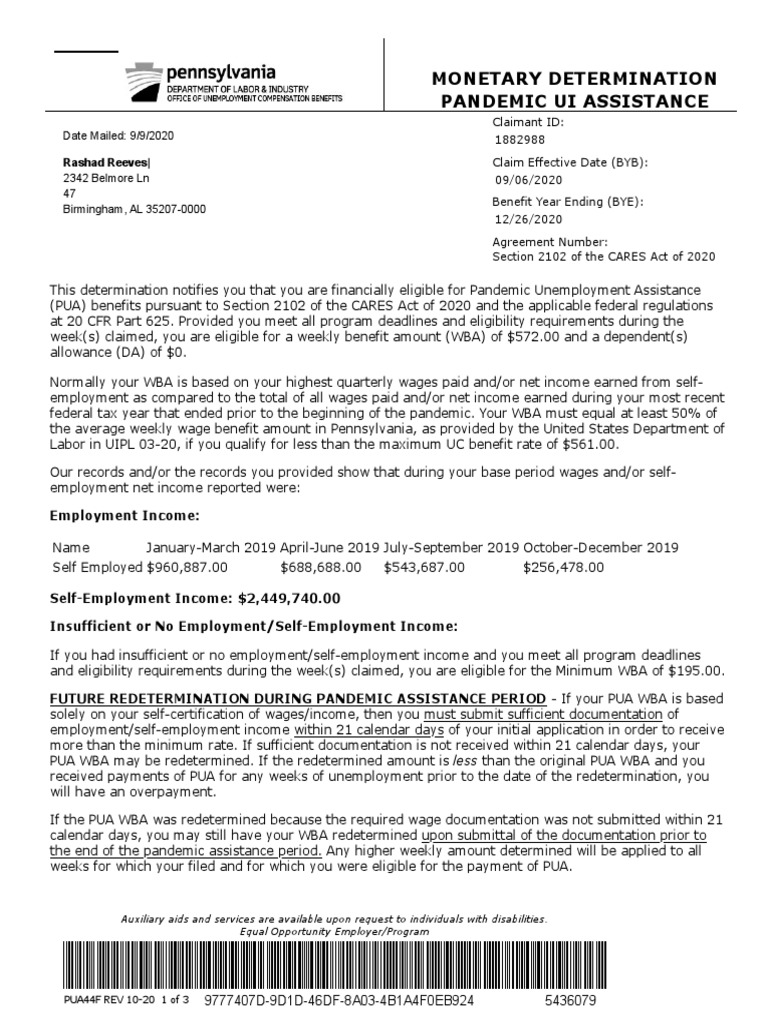 Monetary Determination Pandemic Ui Assistance: Rashad Reeves | PDF ...