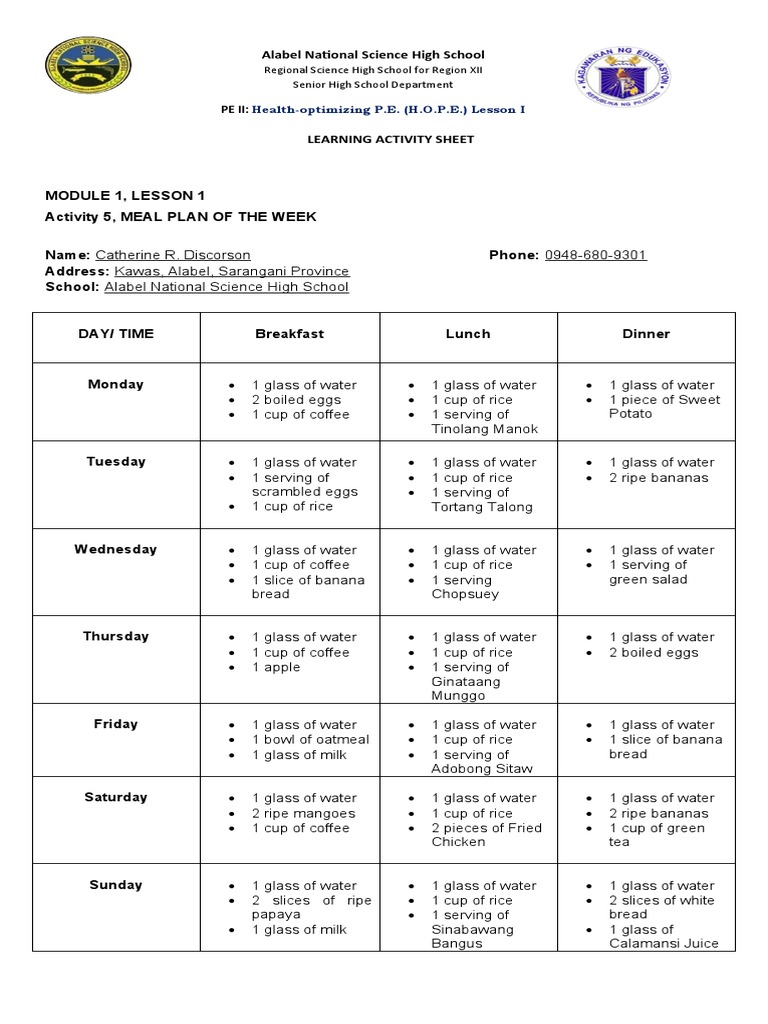 PE&Health Sirius Meal Plan | PDF | Asian Cuisine | Regional & Ethnic Food