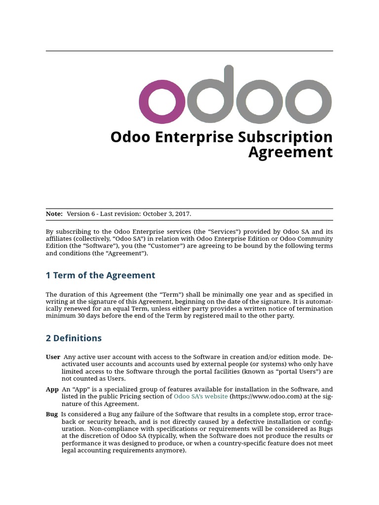Odoo Enterprise Subscription Agreement: 1 Term of The Agreement | PDF ...