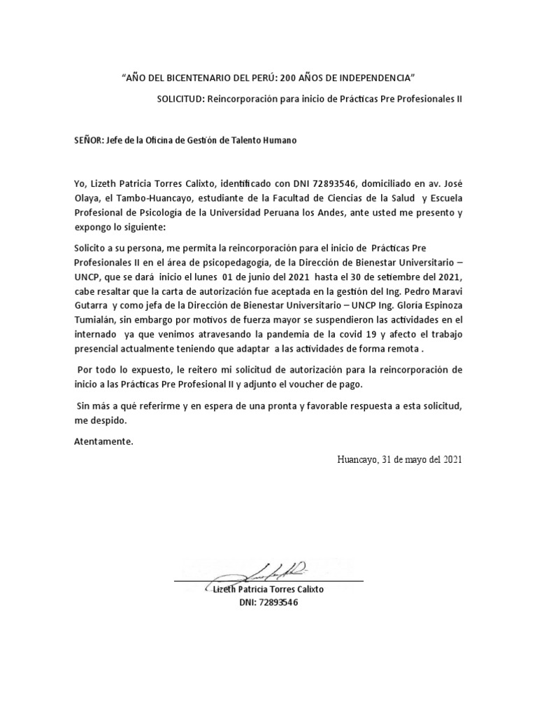SOLICITUD DE REINCORPORACION DE PPP-II - Lizeth Torres Calixto 1 | PDF