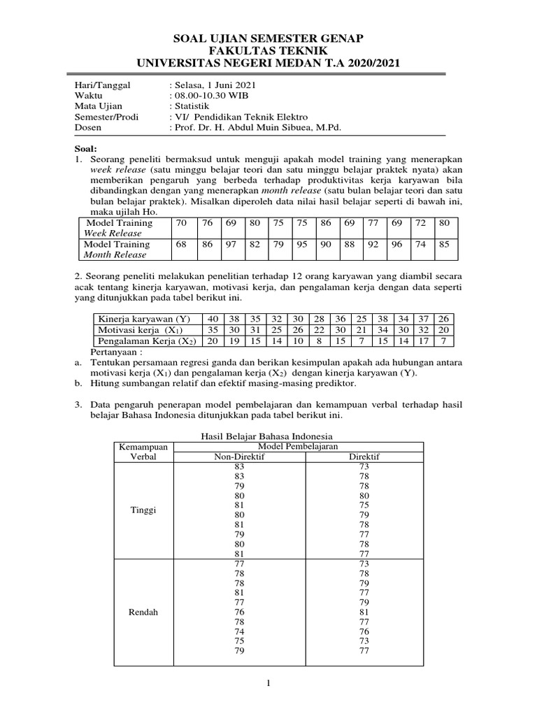 SOAL FINAL STATISTIK S1 PTE T.A 2020 2021 Fix | PDF