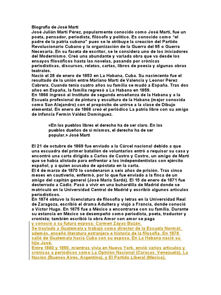 Biografía de José Martí: Vida y Legado | PDF | Cuba | Agitación