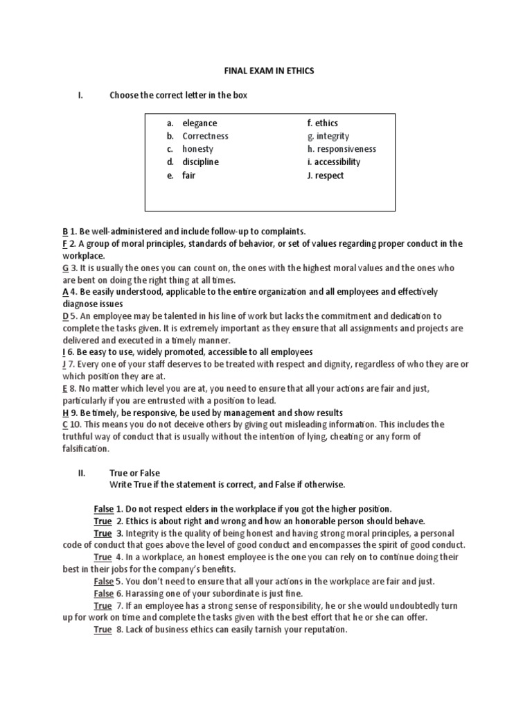 Final Exam in Ethics | PDF | Integrity | Philosophical Theories