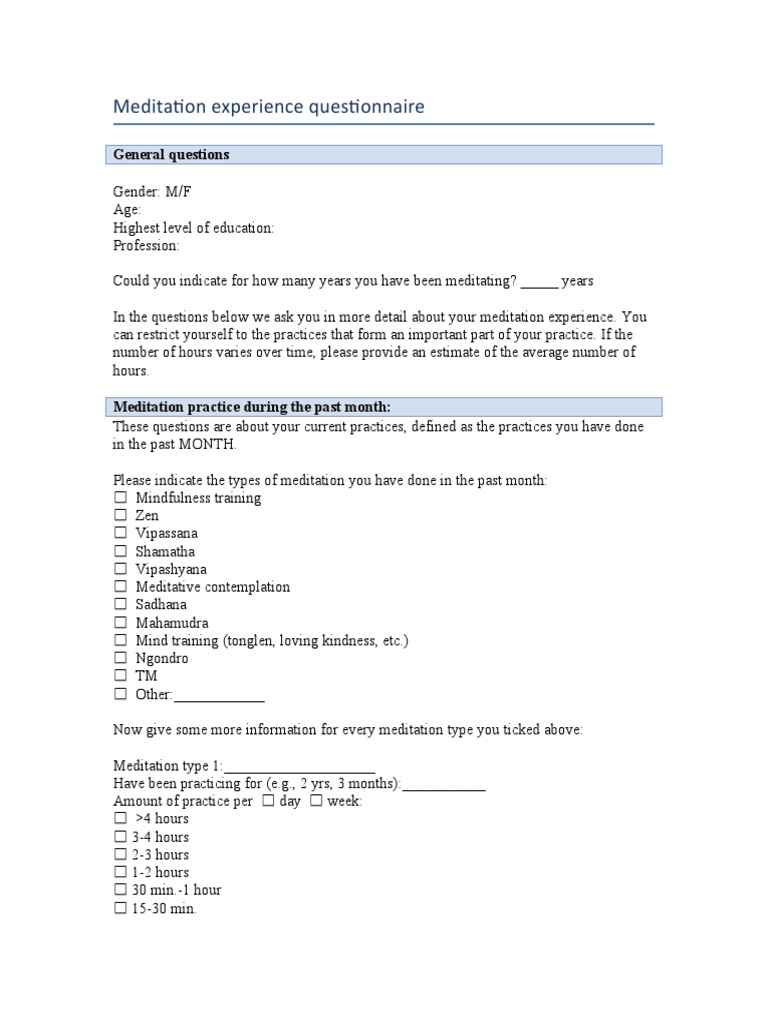 Meditation Practice Survey Form | PDF | Vipassanā | Meditation