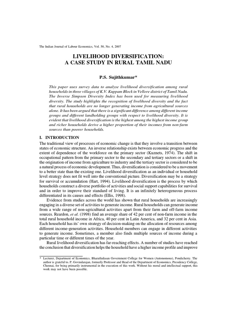 Livelihood Diversification: A Case Study in Rural Tamil Nadu | PDF | Diversification (Finance ...