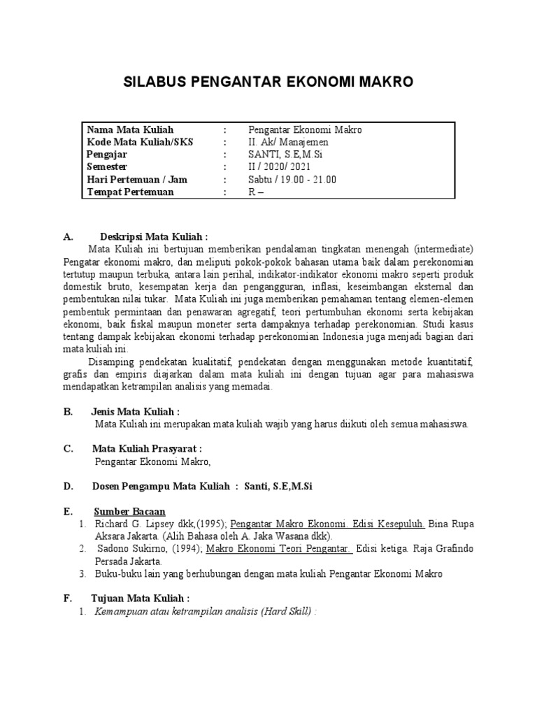 Silabus Pengantar Ekonomi Makro | PDF